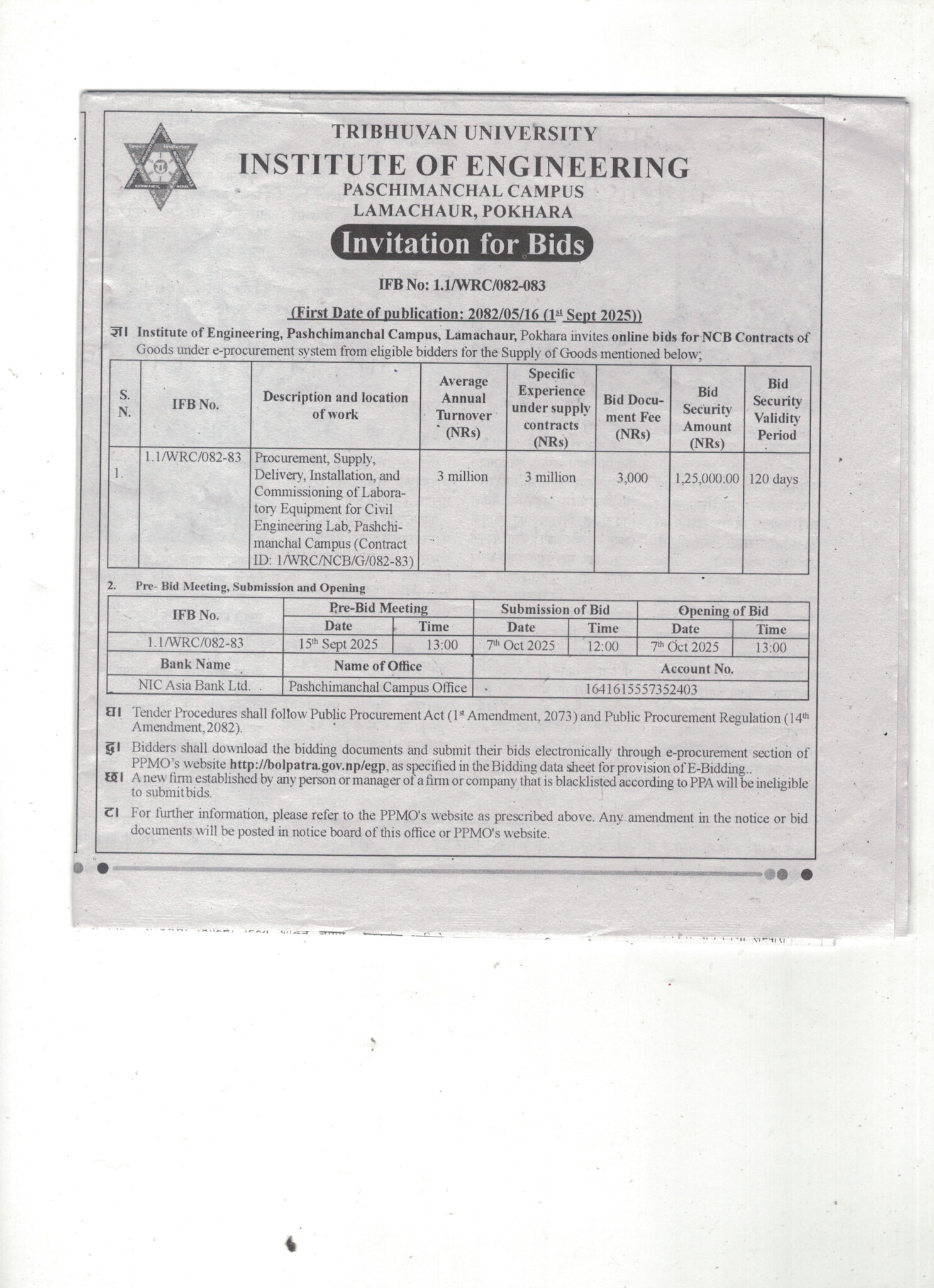 Invitation for Bids – Institute of Engineering, Pashchimanchal Campus